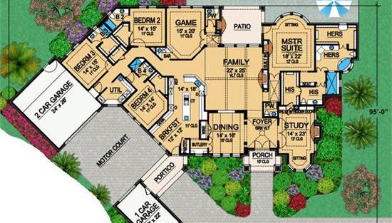 One-story castle plan with huge master bath - 4861