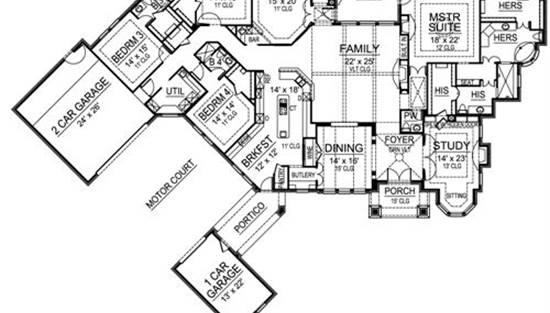 One-story castle plan with huge master bath - 4861