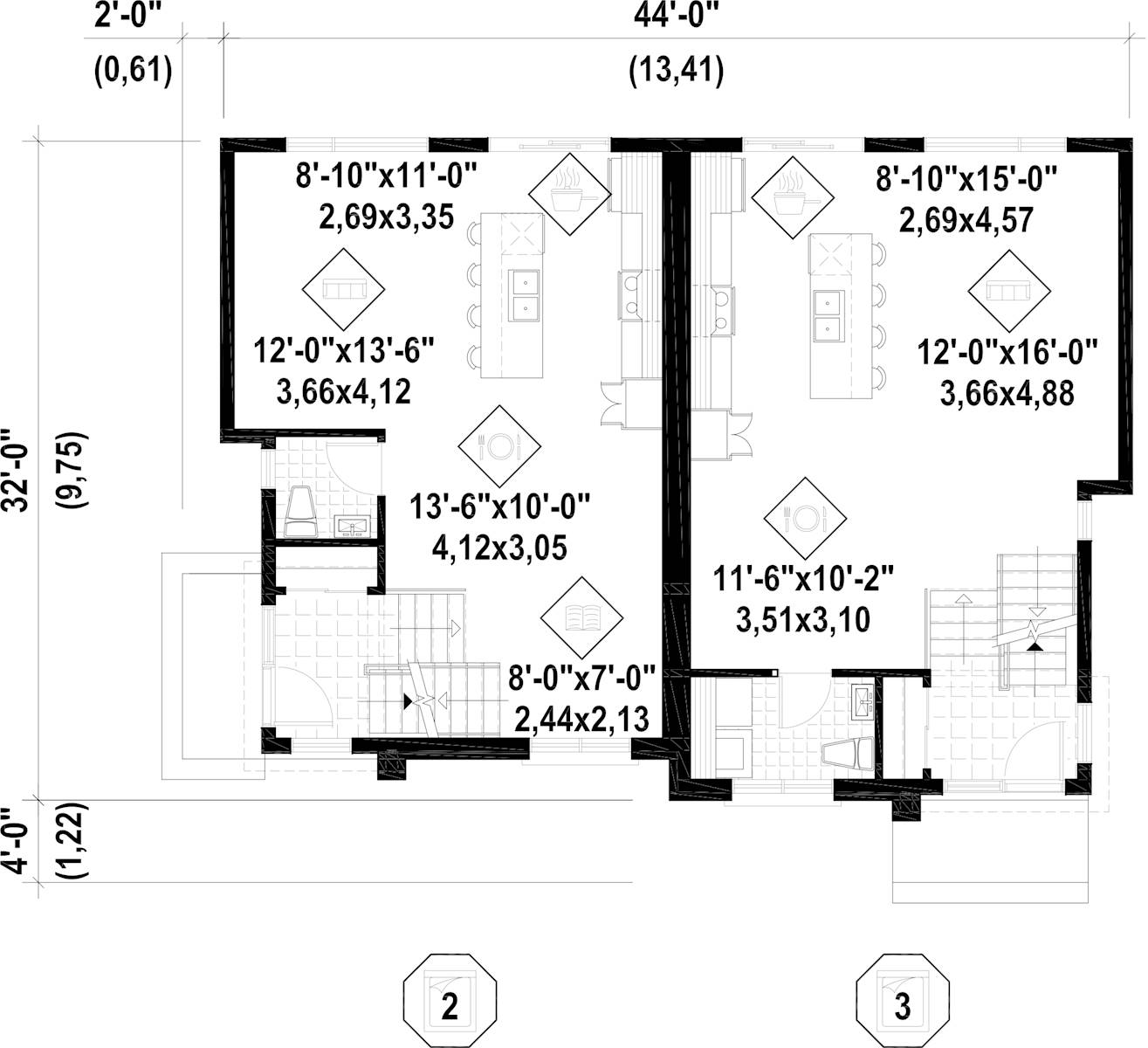 Two Story Contemporary Duplex Style House Plan 9909 - 9909